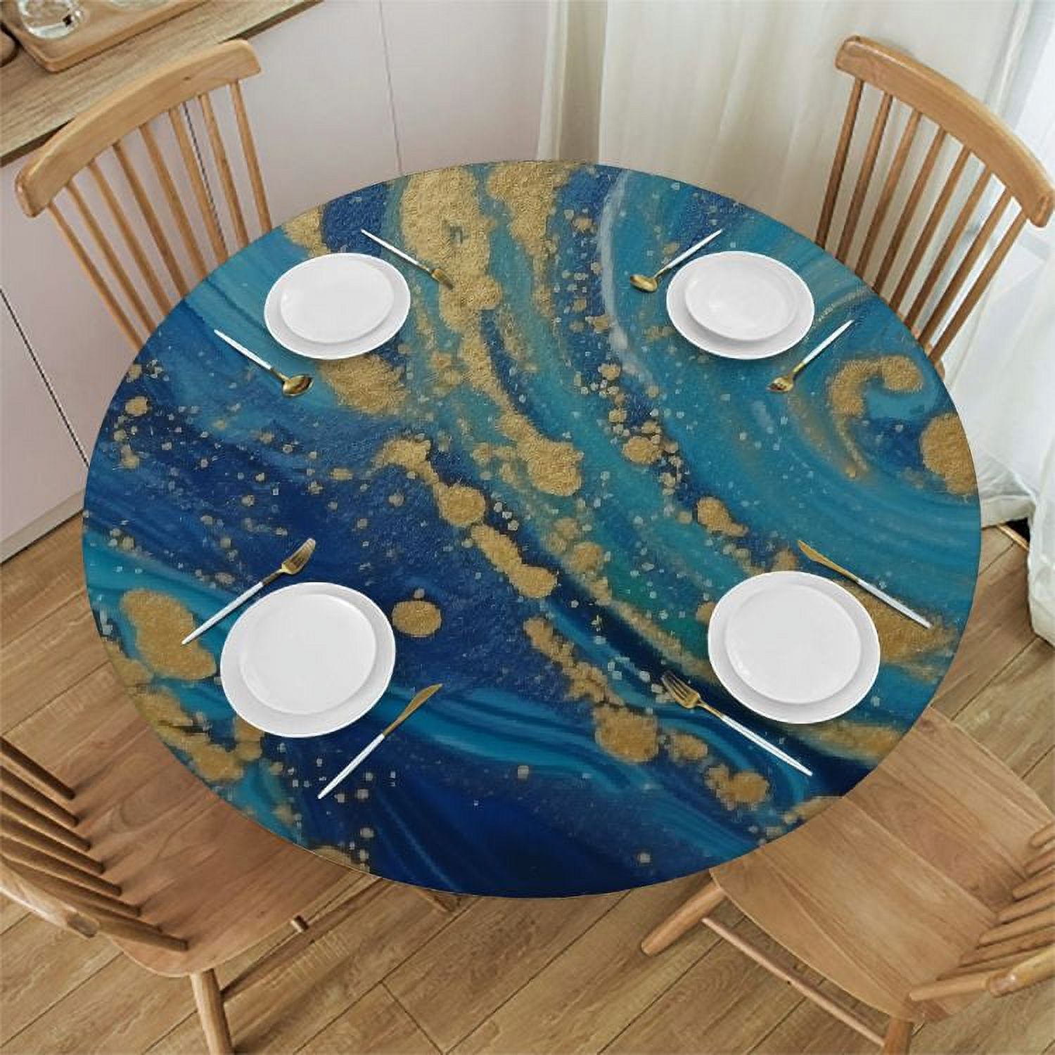Awypu Blue Gold Marble Round Tablecloth with Elastic Edged Abstract Ink ...
