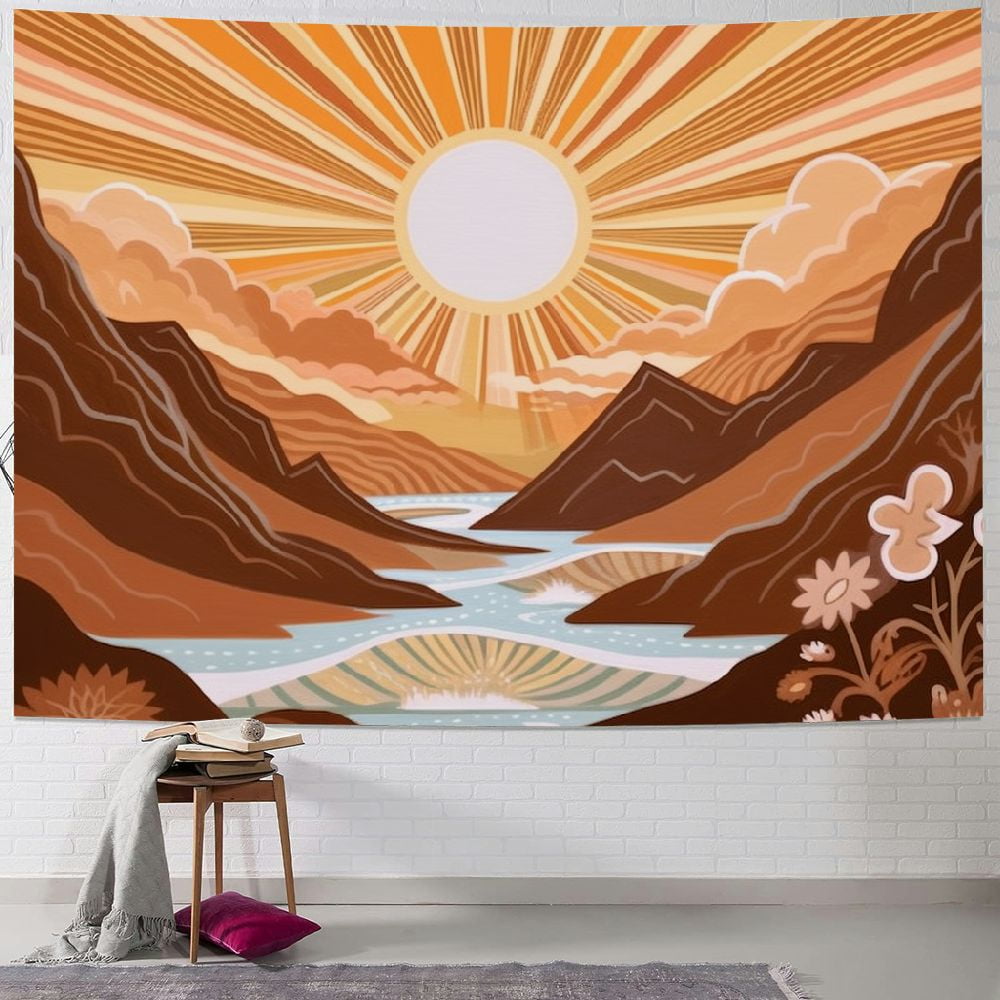 Awypu Boho Sun Mountain Tapestry Vintage Abstract Rainbow Sunset ...