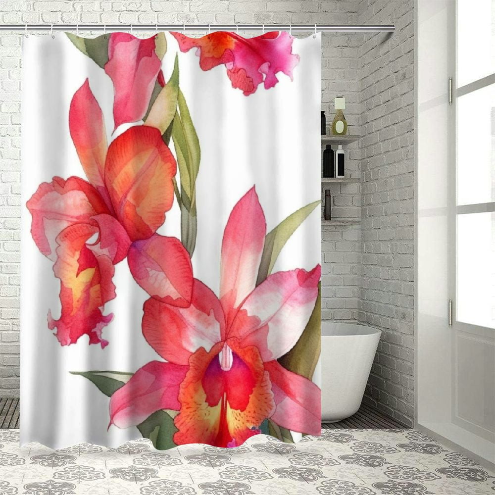 Awypu Cattleya Orchid White Background Shower Curtain Set - Waterproof ...