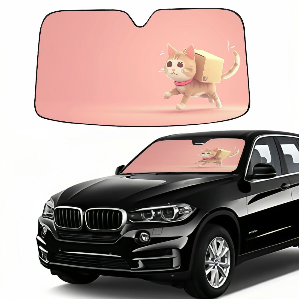 Awypu Cute Cartoon Cat Walking and Having a Cardboard Box Car Sun Shade ...