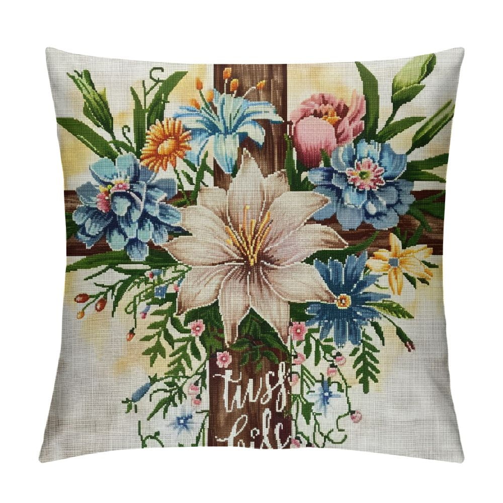 Awypu Easter Pillow Cover Cross Floral He is Risen Decorations Holiday ...