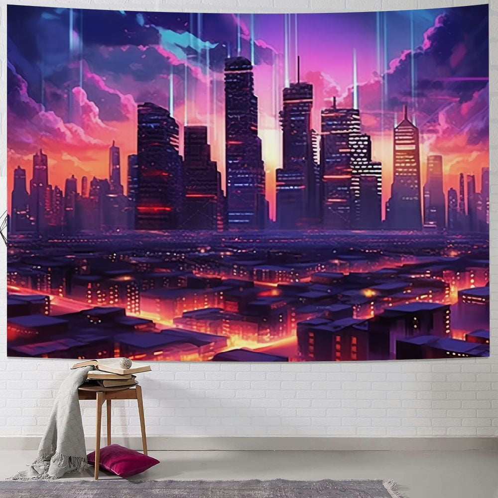Awypu Futuristic City Tapestry Punk City Landscape Tapestry Neon Street ...