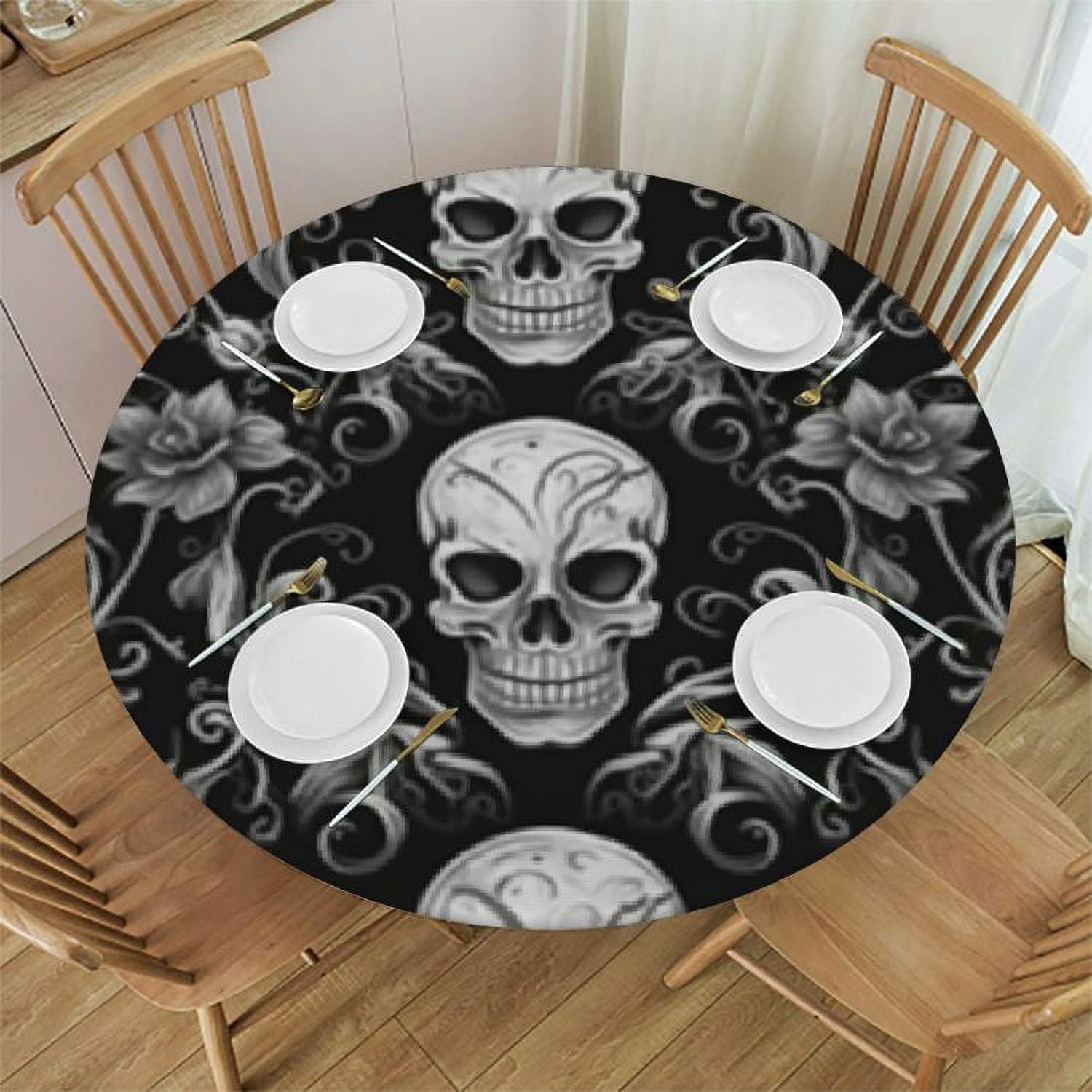 CMMY Gothic Wallpaper Skull Round Table Cloth, Elastic Edged Fitted ...