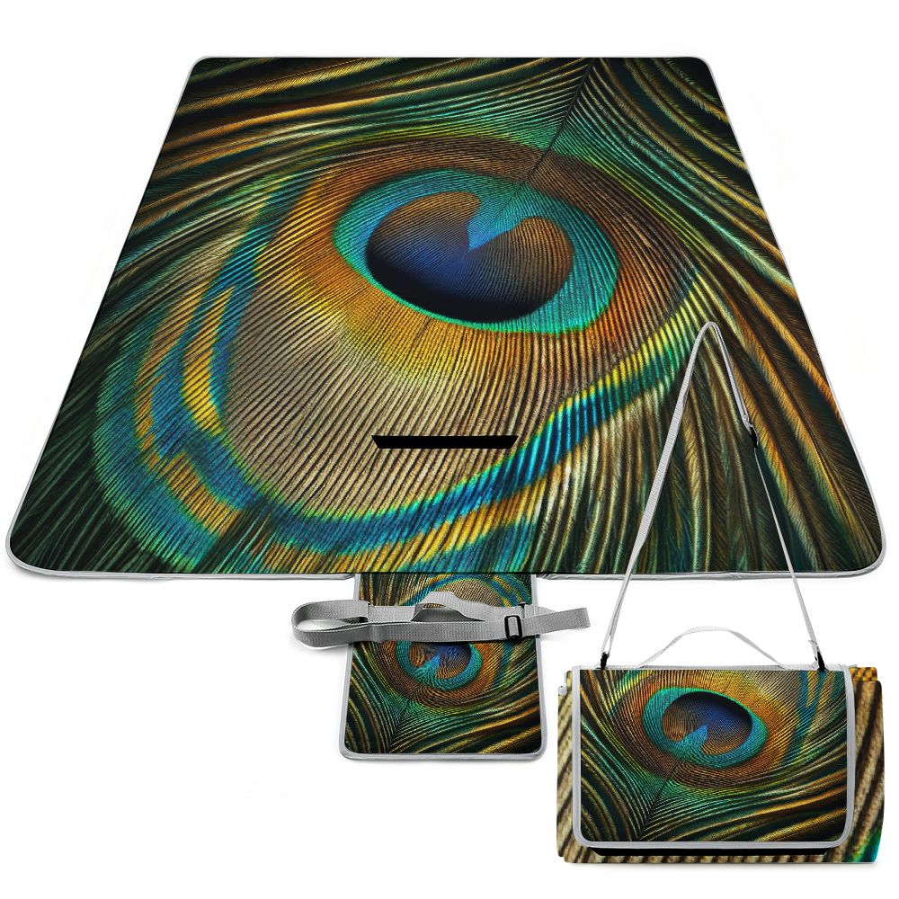Awypu Green Vintage Look Peacock Feather Gold Square Picnic Mat ...