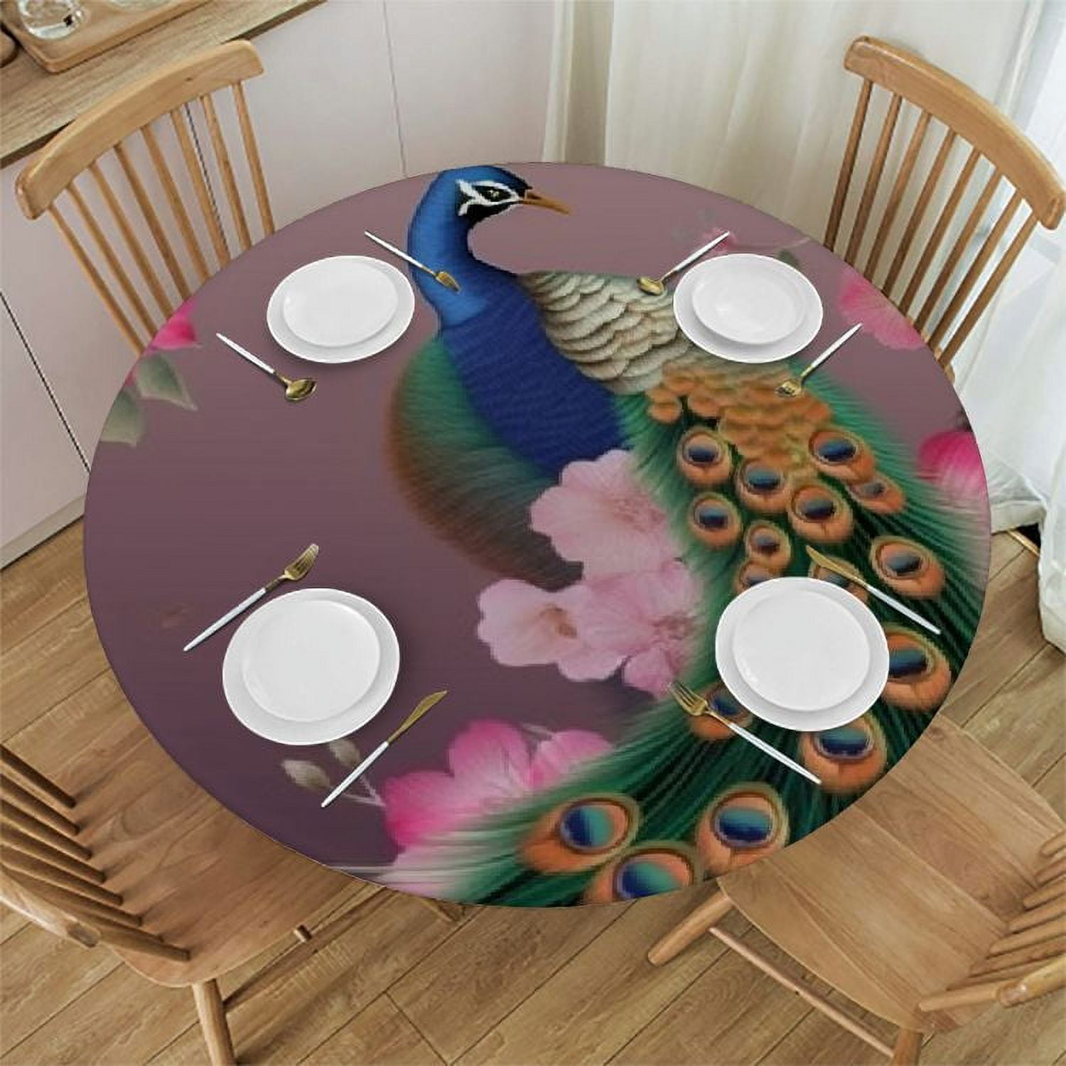 Awypu Japanese Style Elastic Edged Tablecloth for Round Table, Bird ...