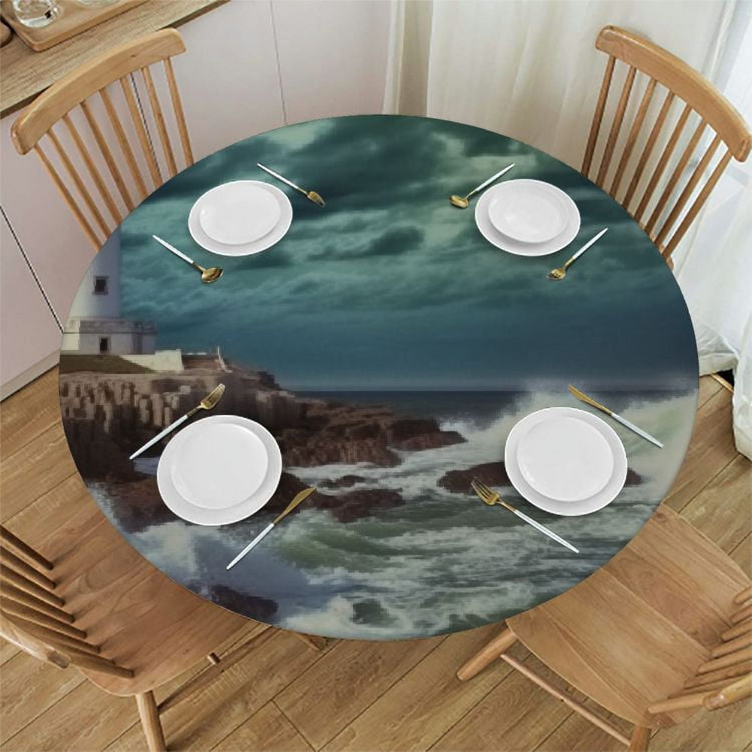 Awypu Lighthouse and Wood Pier, Round Tablecloth Fade Resistant Anti ...
