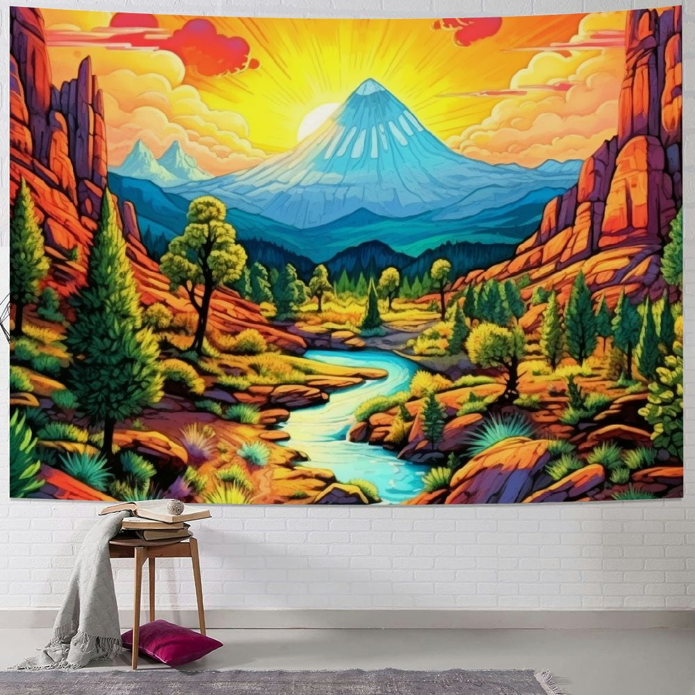 Awypu Mountain Sun Tapestry Trippy Forest Tree Tapestries Nature ...