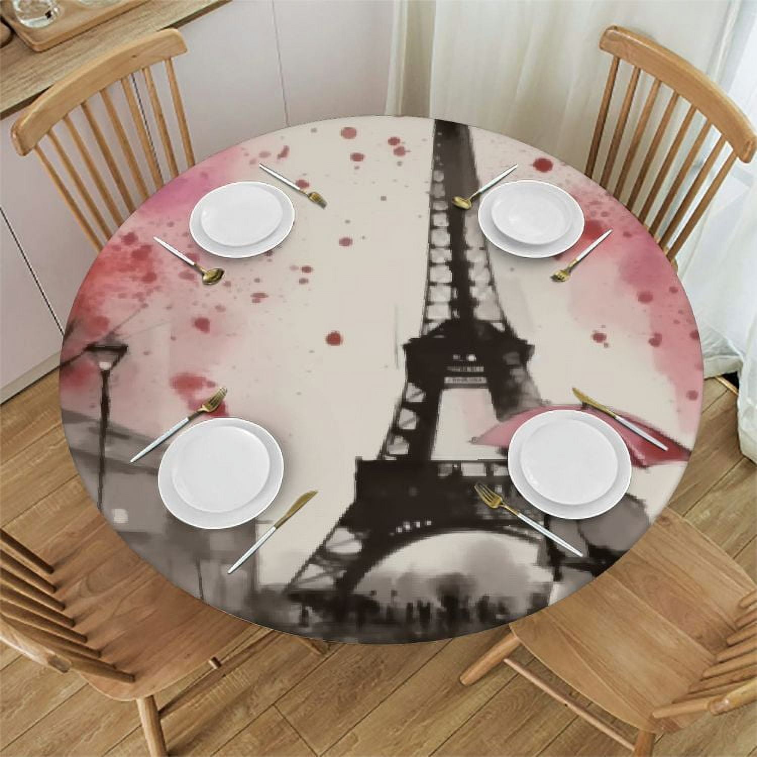 Awypu Paris Street Eiffel Tower Pink Floral Round Table Cloth, Elastic ...