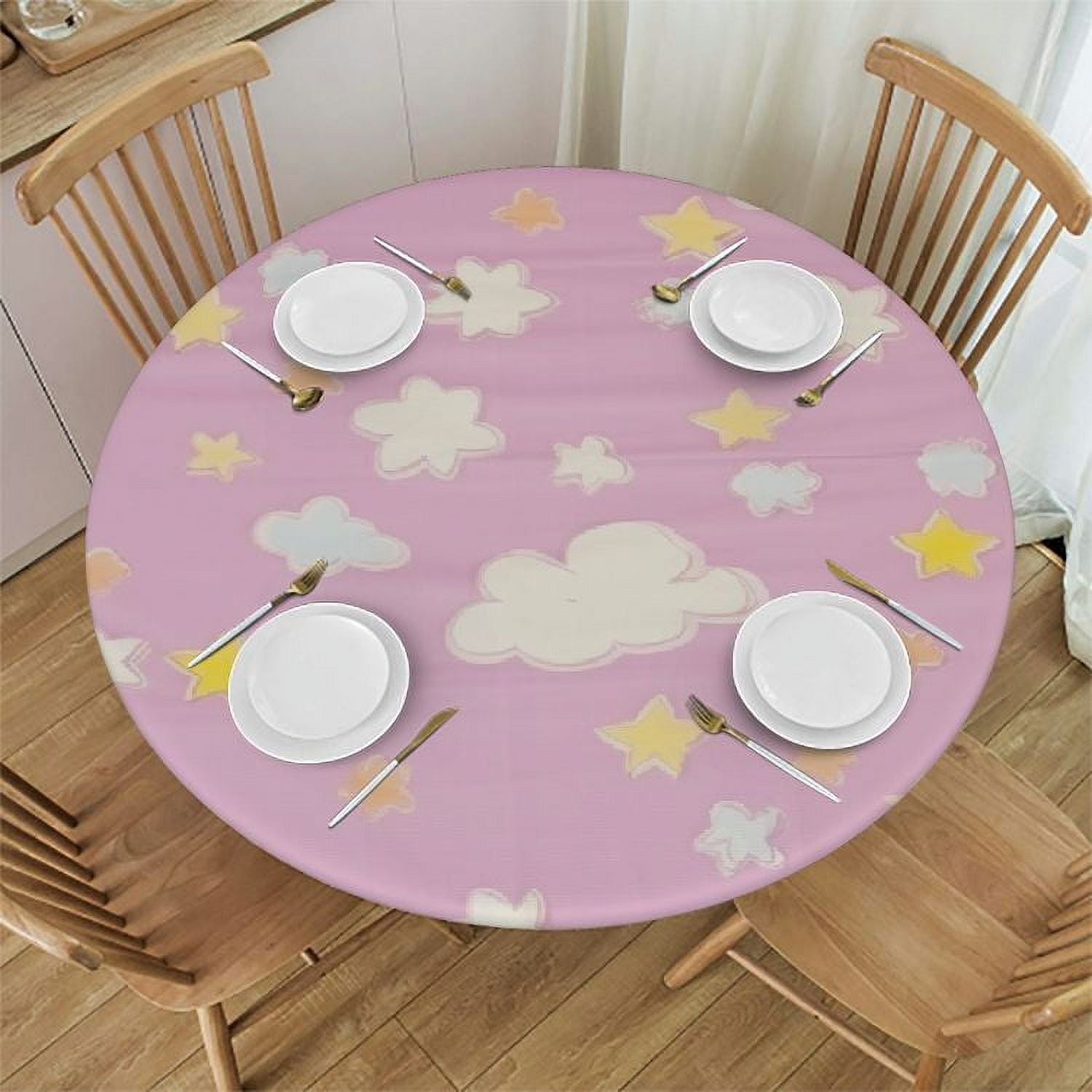 Awypu Pink Checkered Sky Elastic Edged Round Fitted Table Cloth Cover ...