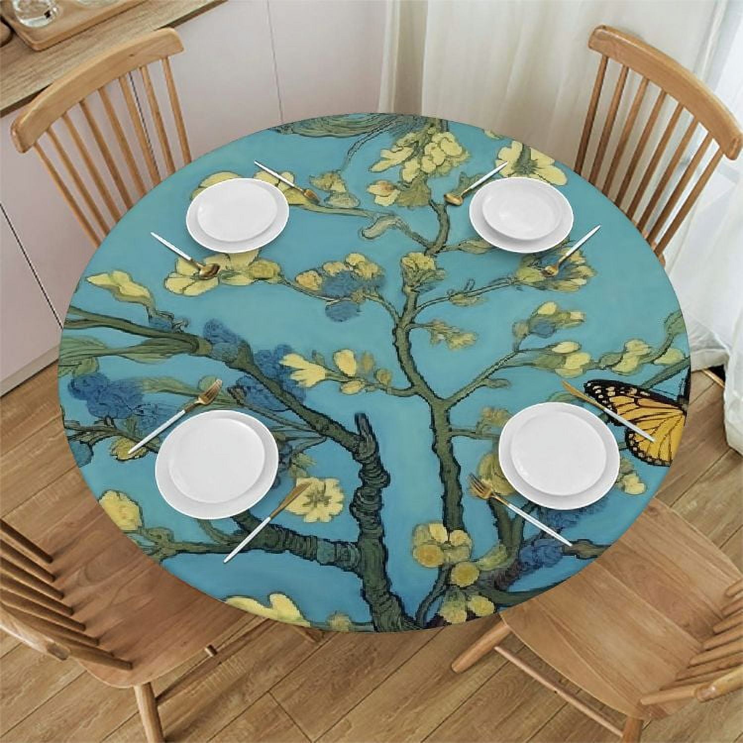 Awypu Round Fitted Tablecloth Art Blossom Flower Butterfly Oil Painting ...