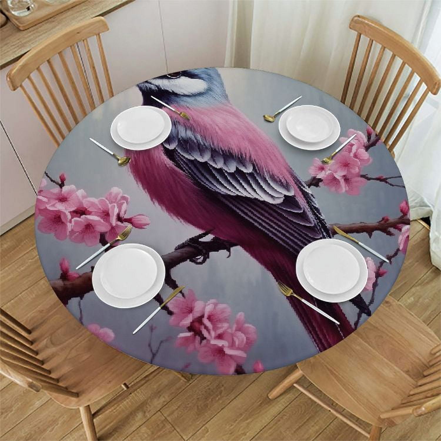 Awypu Round Fitted Tablecloth Art Painting Cherry Blossom Tree Bird ...