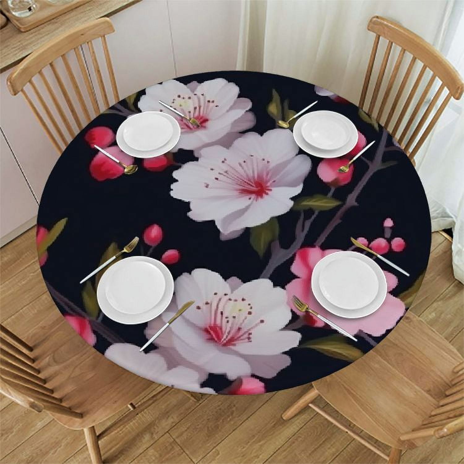 Awypu Round Fitted Tablecloth Cherry Blossom Floral Japanese Flower ...