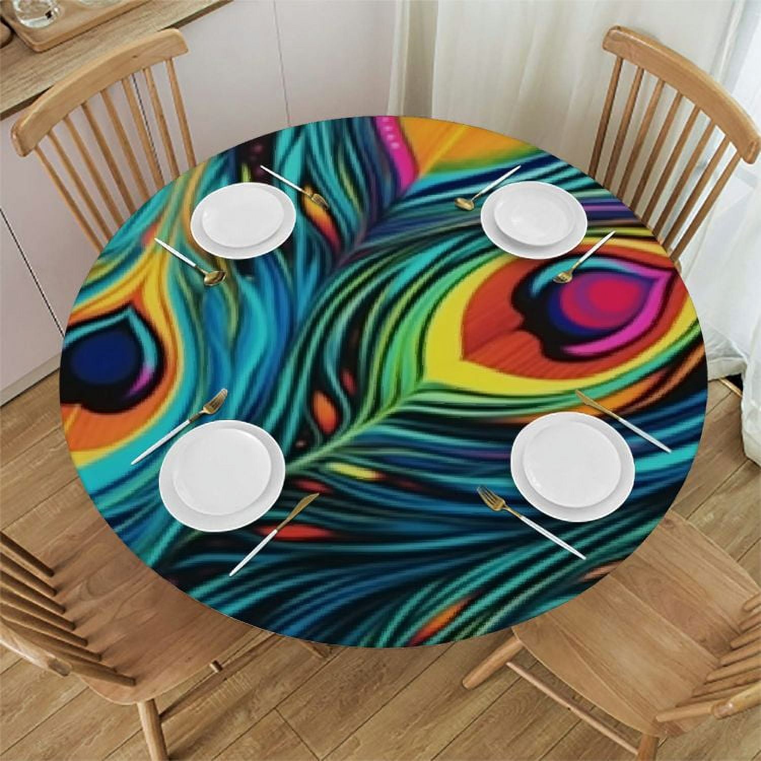 Awypu Round Fitted Tablecloth Coloful Peacock Bird Feather Table Cloth ...