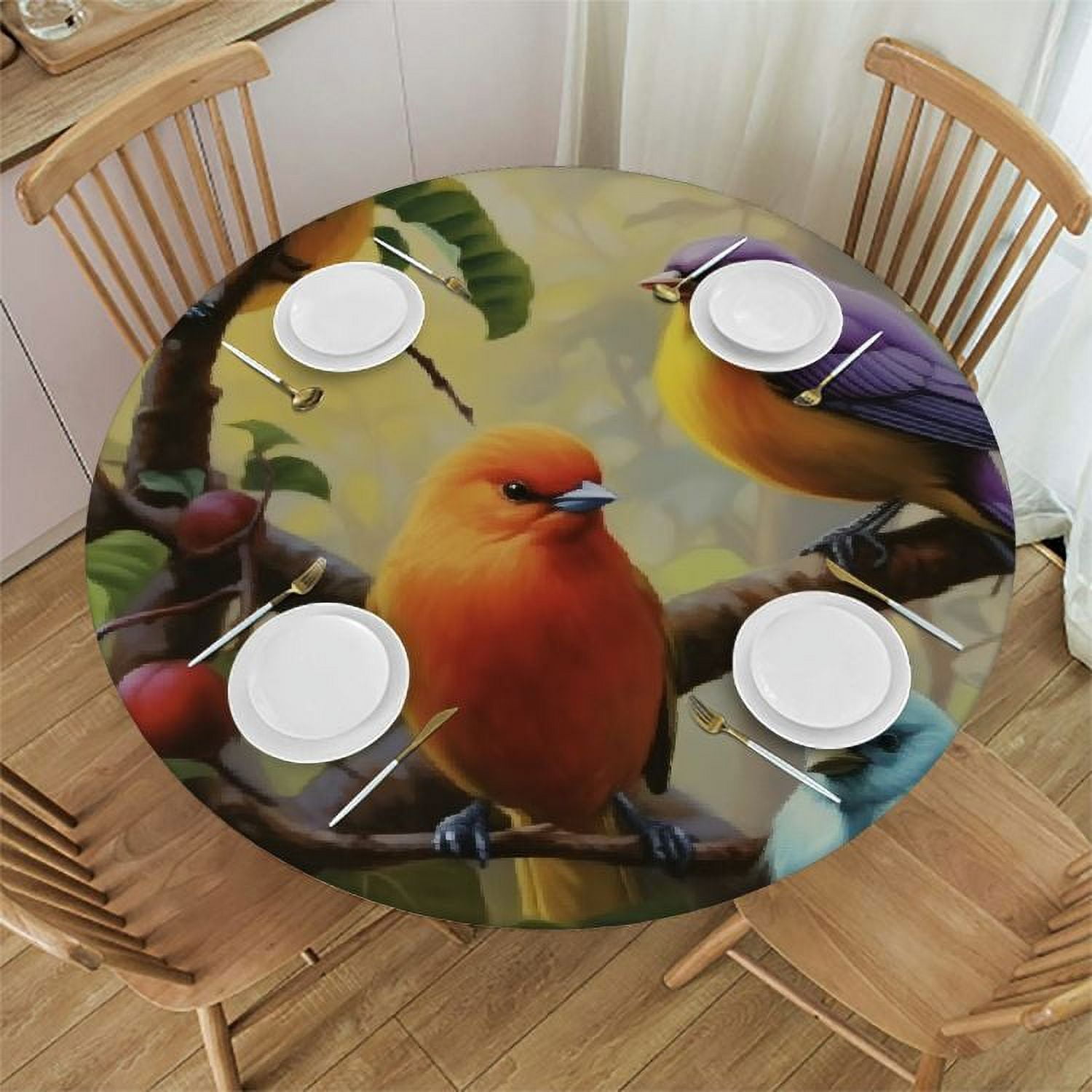 Awypu Round Fitted Tablecloth Colorful Bird Tree Branches Art Table ...