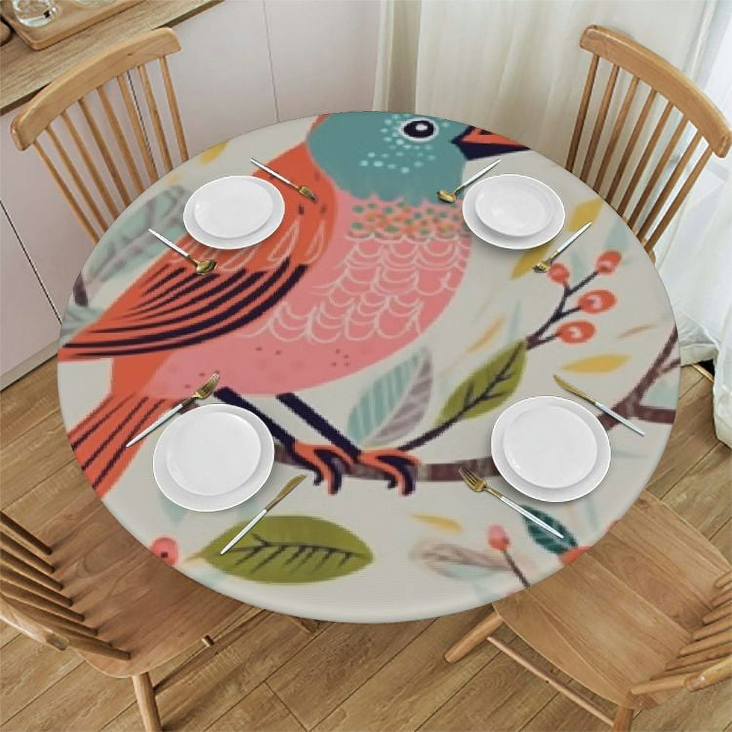 Awypu Round Fitted Tablecloth Cute Birds Flower Floral Leaves Table ...