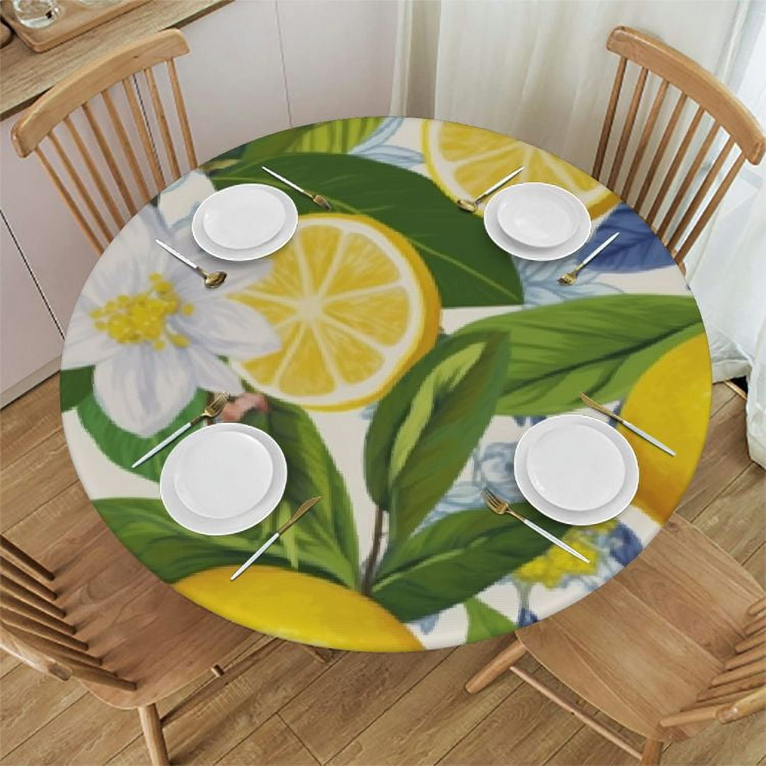 Awypu Round Fitted Tablecloth Lemon Flower Fruits Pattern Table Cloth ...