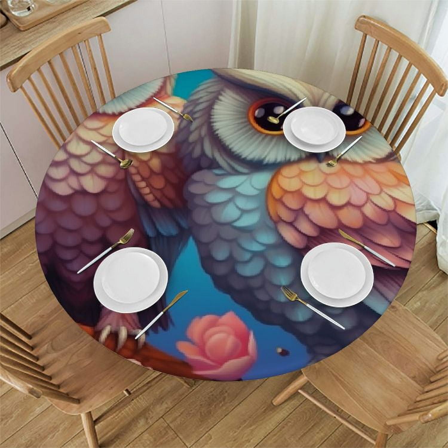 Awypu Round Fitted Tablecloth Lovely Birds Owl On Flower Branches Table ...