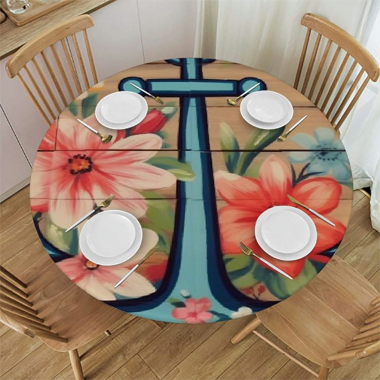 Awypu Round Fitted Tablecloth Retro Wooden Nautical Anchor Flower Table ...