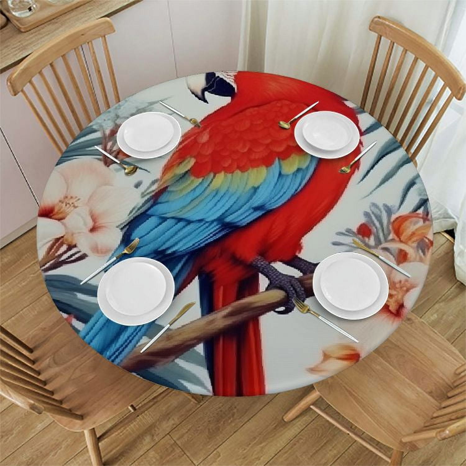 Awypu Round Fitted Tablecloth Watercolor Parrot Bird Animal Table Cloth ...
