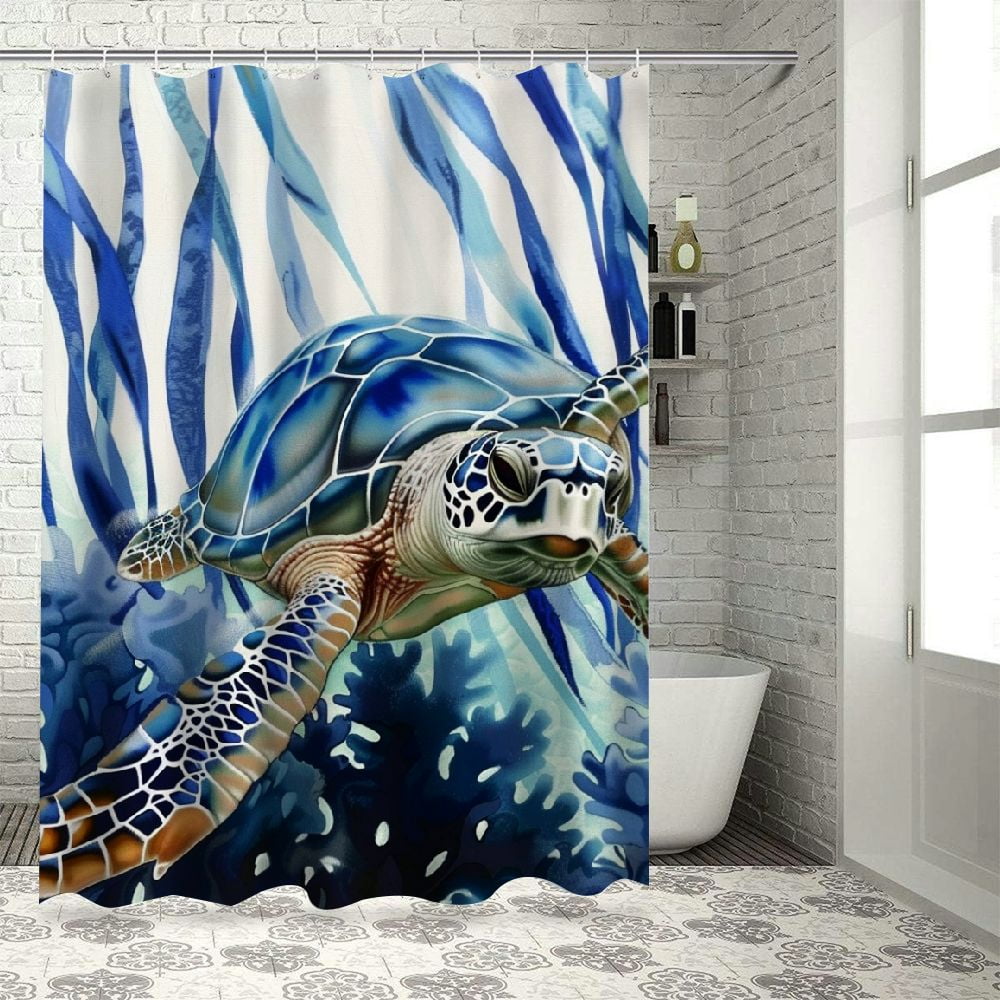 Awypu Shower Curtain Waterproof Multiple Sizes Coastal Turtle Nautical ...