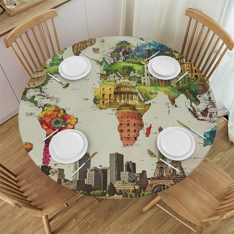 Awypu World Map Buildings Earth Round Tablecloth for Picnic Dining ...