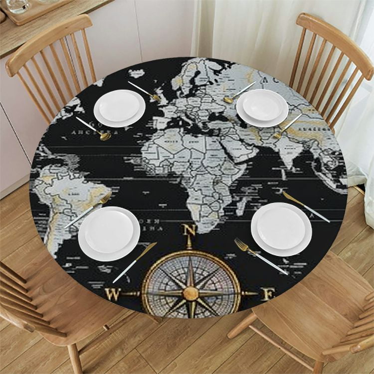 Awypu World Map Countries Compass Round Tablecloth 100% Polyester Fiber ...
