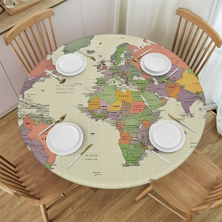 Awypu World Map Round Tablecloth Outdoor Fitted 100% Polyester Fiber ...