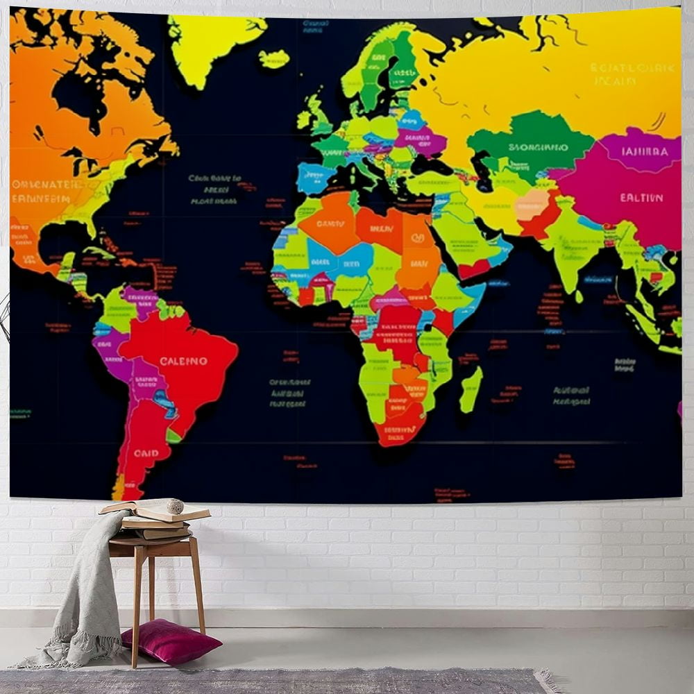 Awypu World Map Tapestry Black Colorful Map Geography Education Travel ...