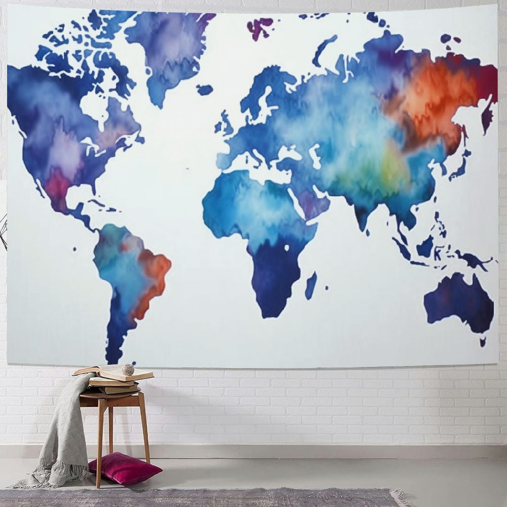 Awypu World Map Tapestry Classroom Tapestry Watercolor World Tapestry ...