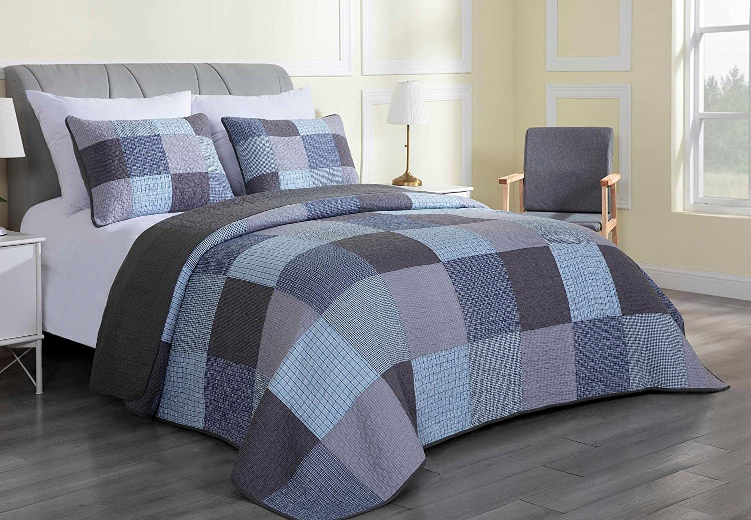 Axel 3-Piece Plaid Checkered Grid Patchwork Quilt Set - Soft ...