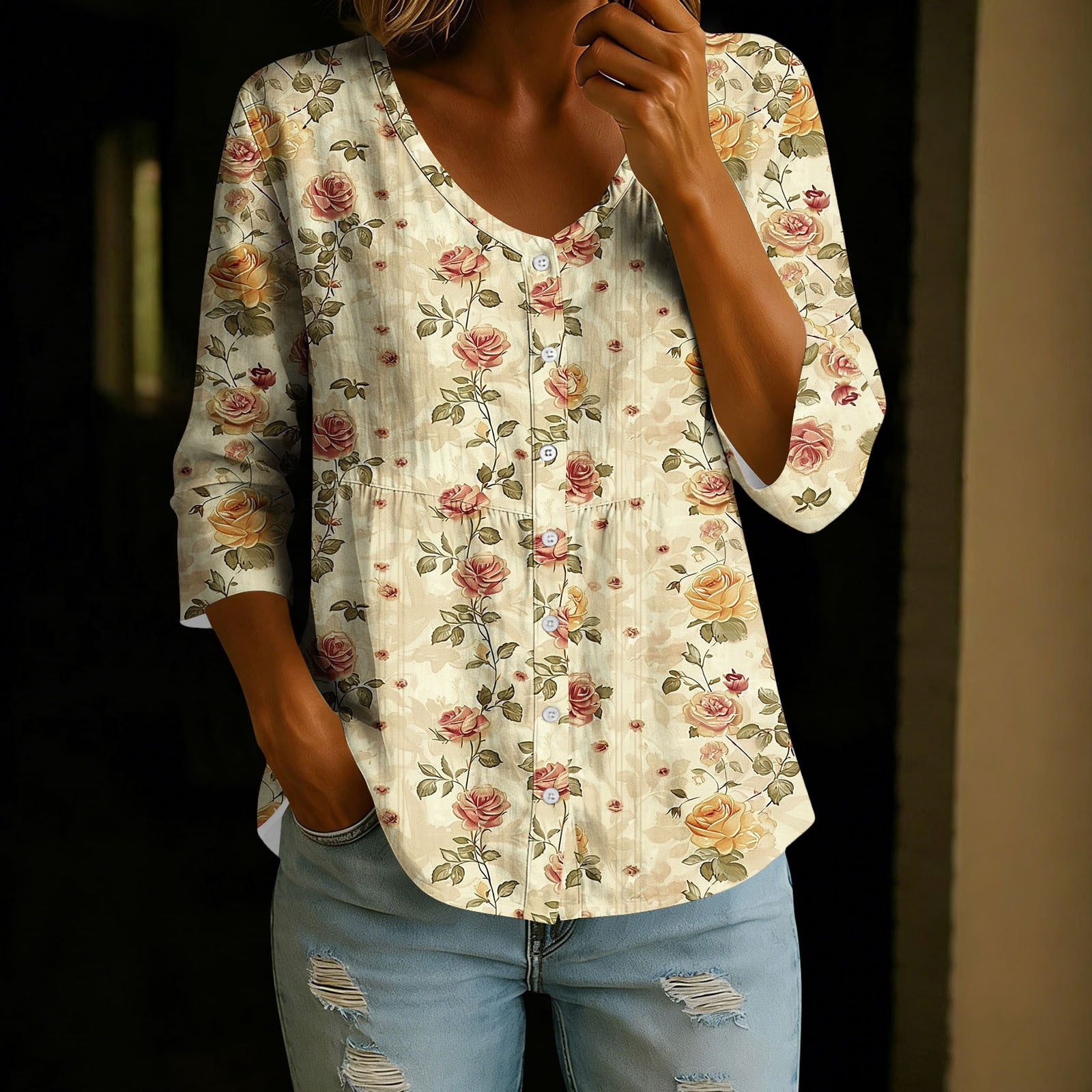 Axiiglly 3/4 Sleeve Tops for Women Cotton Linen Floral V Neck Boho ...