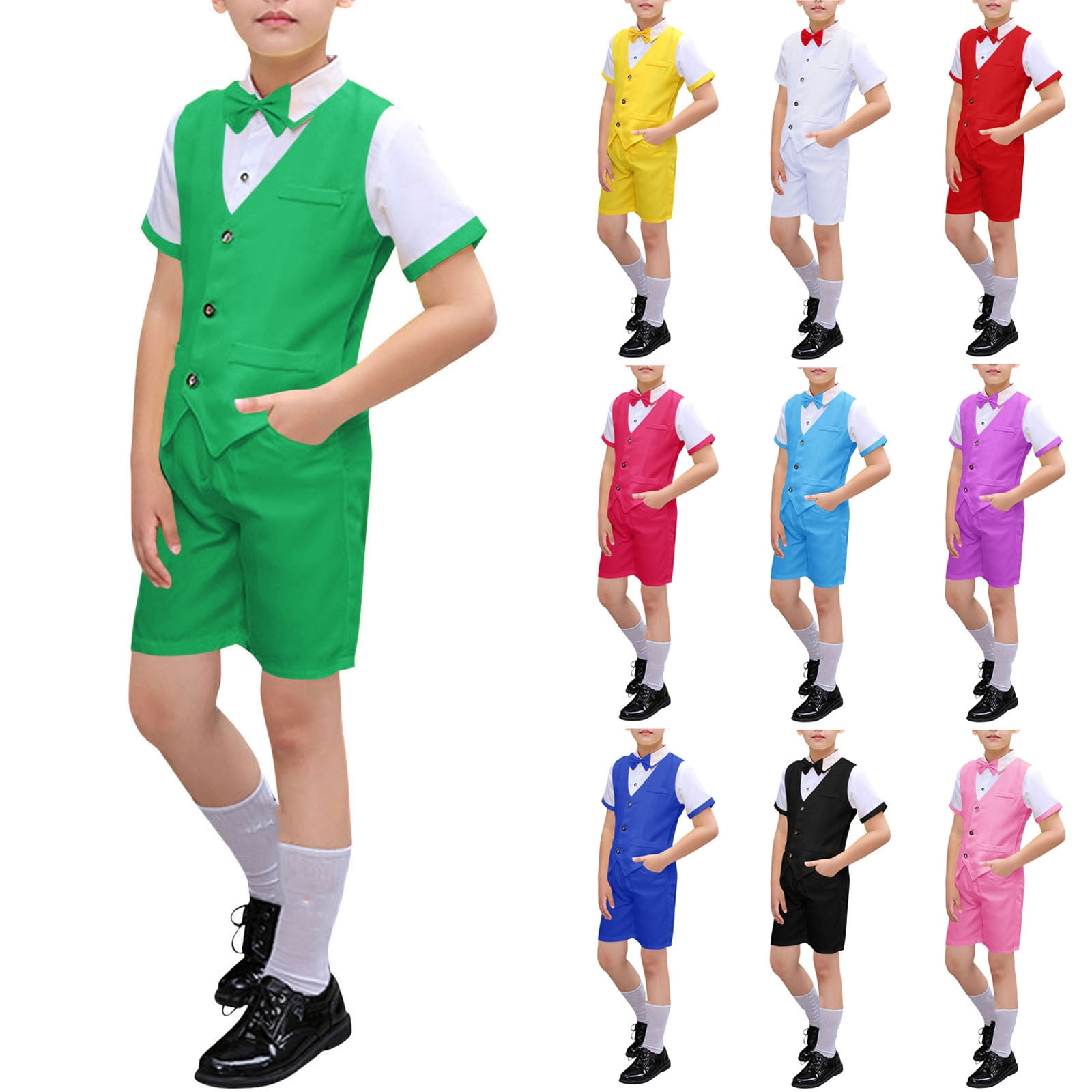 Axiiglly 4Pcs Boys Suit Set formal Dress Shirt Vest with Bowtie Shorts ...