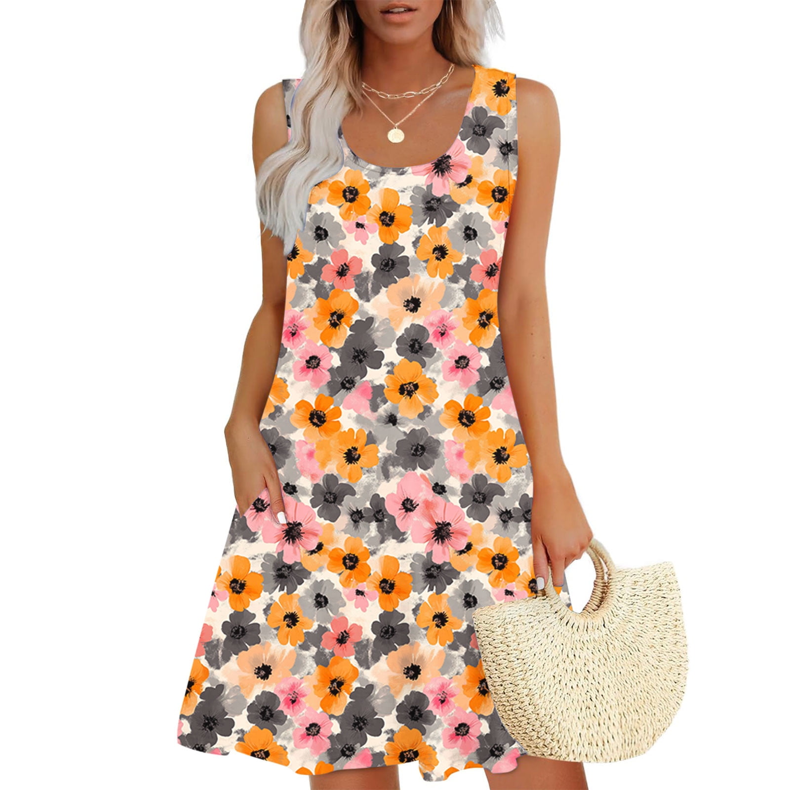 Axiiglly Beach Dress for Women Flowy Sleeveless Tank Dress Floral Print ...