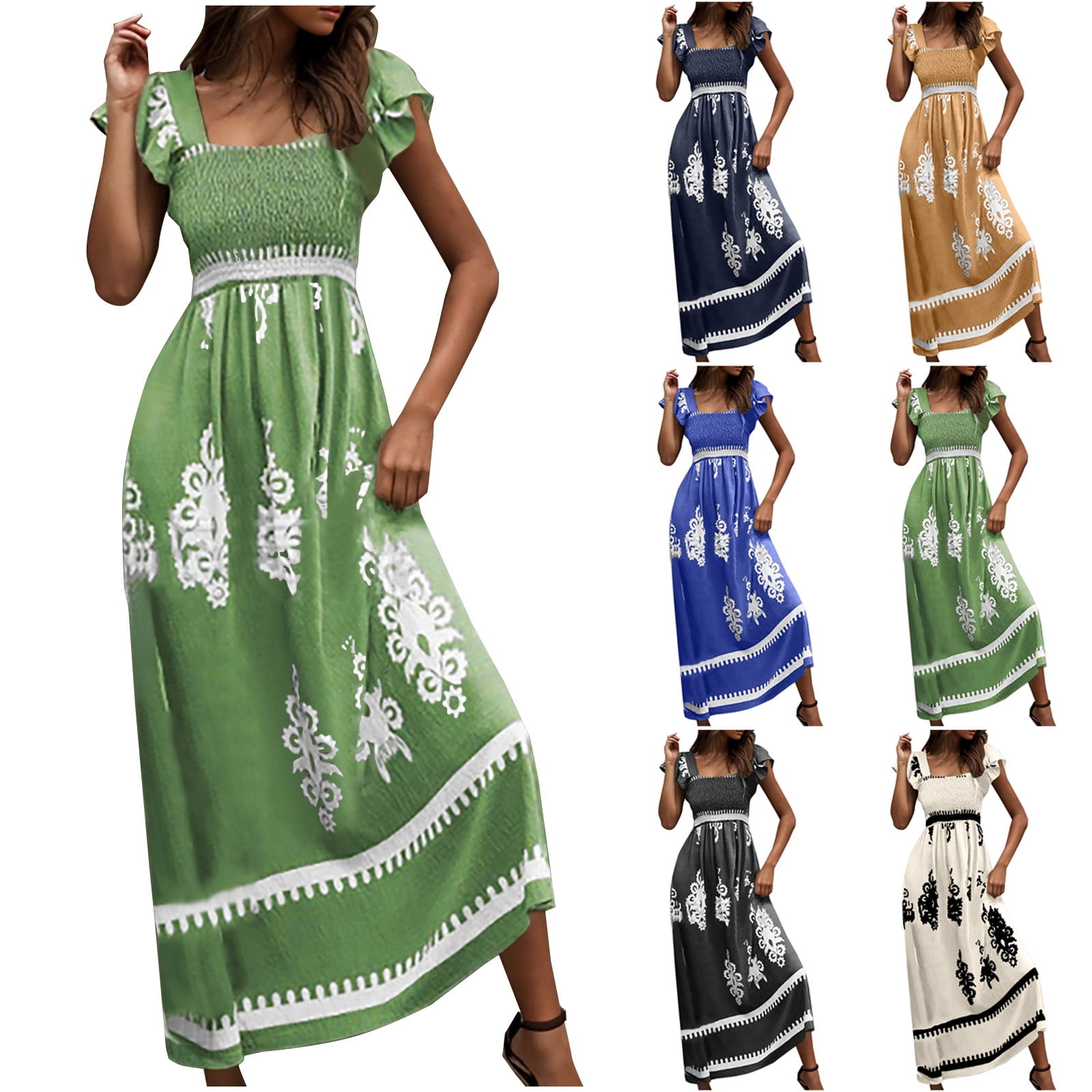 Axiiglly Beach Dress for Women Ruffle Sleeve Summer Dresses Stretchy ...
