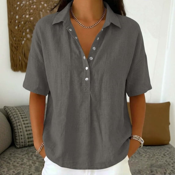 Axiiglly Blouses for Women Cotton Linen Short Sleeve Collared Button V ...