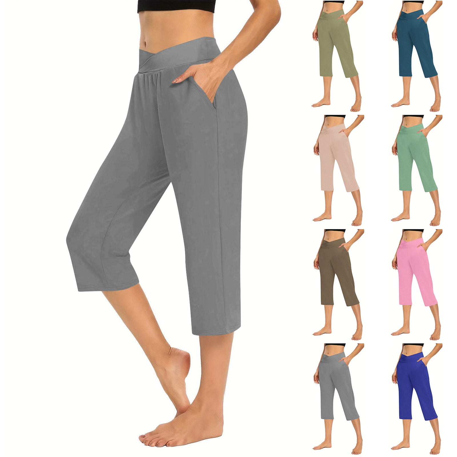 Axiiglly Capri Pants for Women Plus Size High Waisted Yoga Pants Lightweight Stretch Straight ...