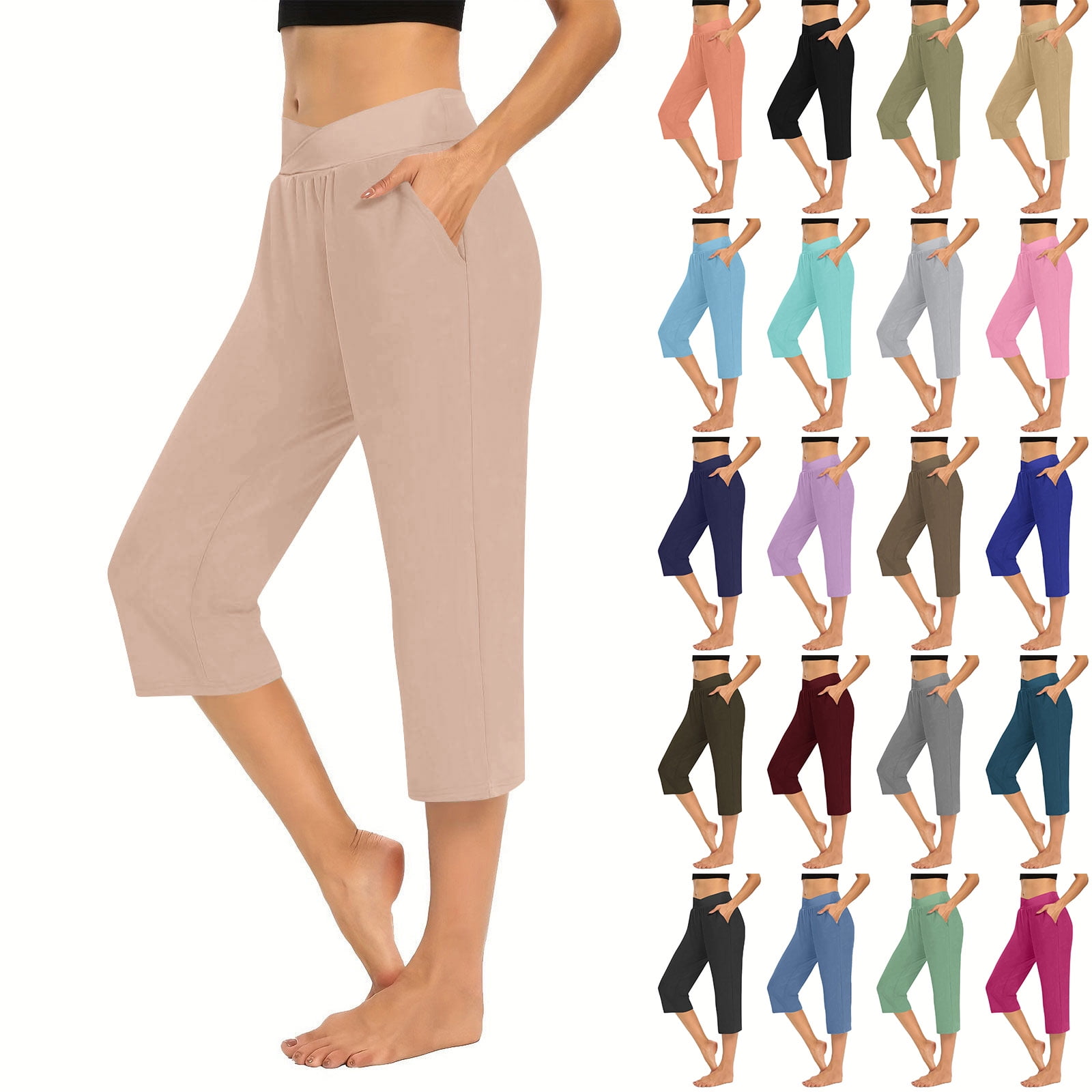 Axiiglly Capri Pants for Women Casual Workout Capri Yoga Pants Loose Straight Leg Pants High ...