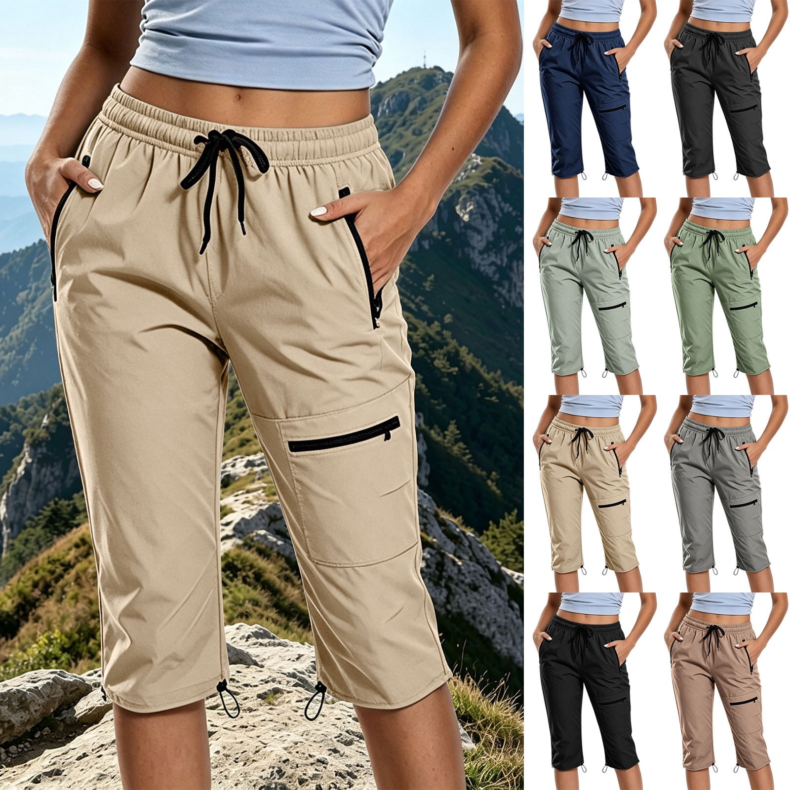 Axiiglly Capri Pants for Women Drawstring High Waist Cargo Cropped ...