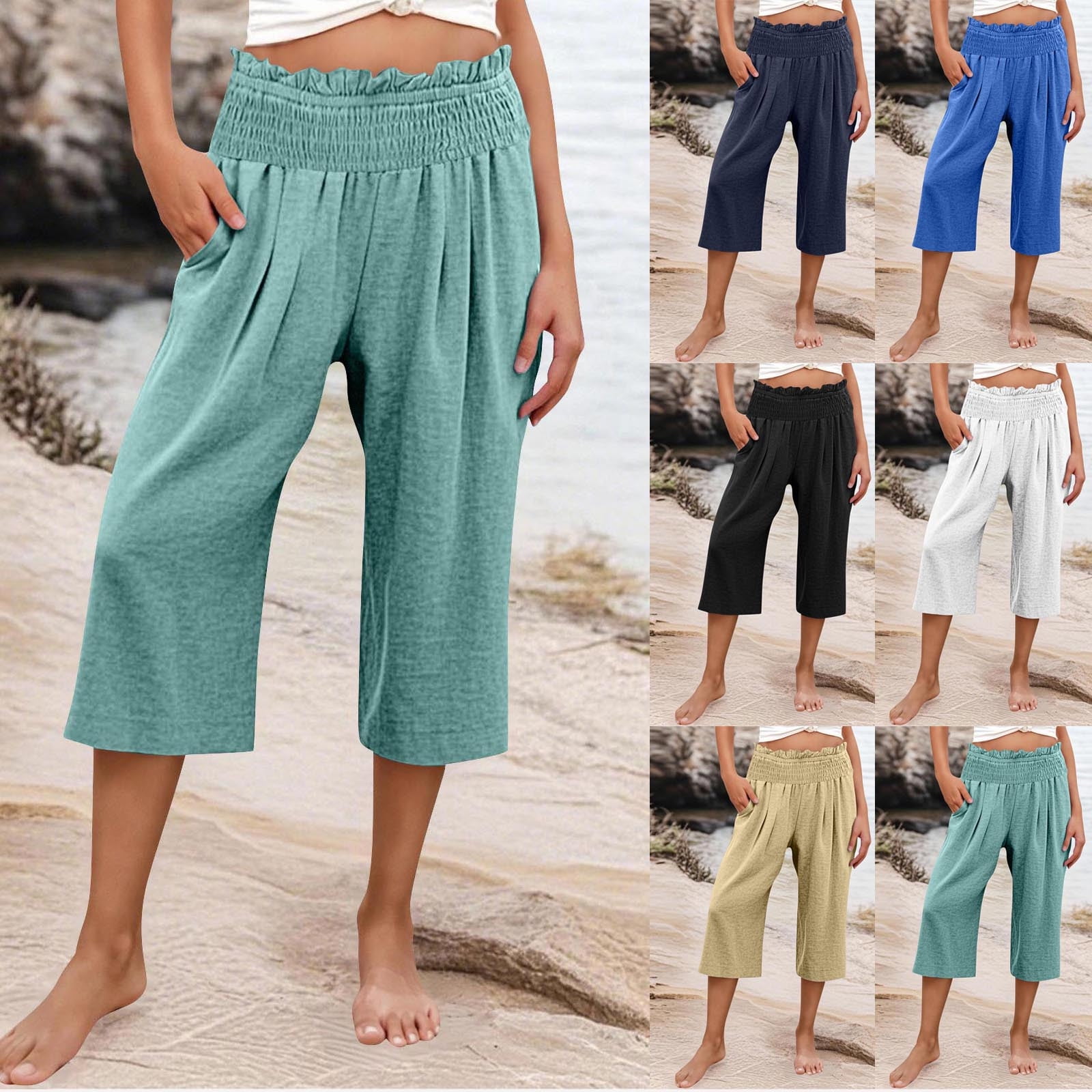 Axiiglly Capri Pants for Women High Waisted Wide Leg Pants Pull On Loose Flowy Cropped Pants ...