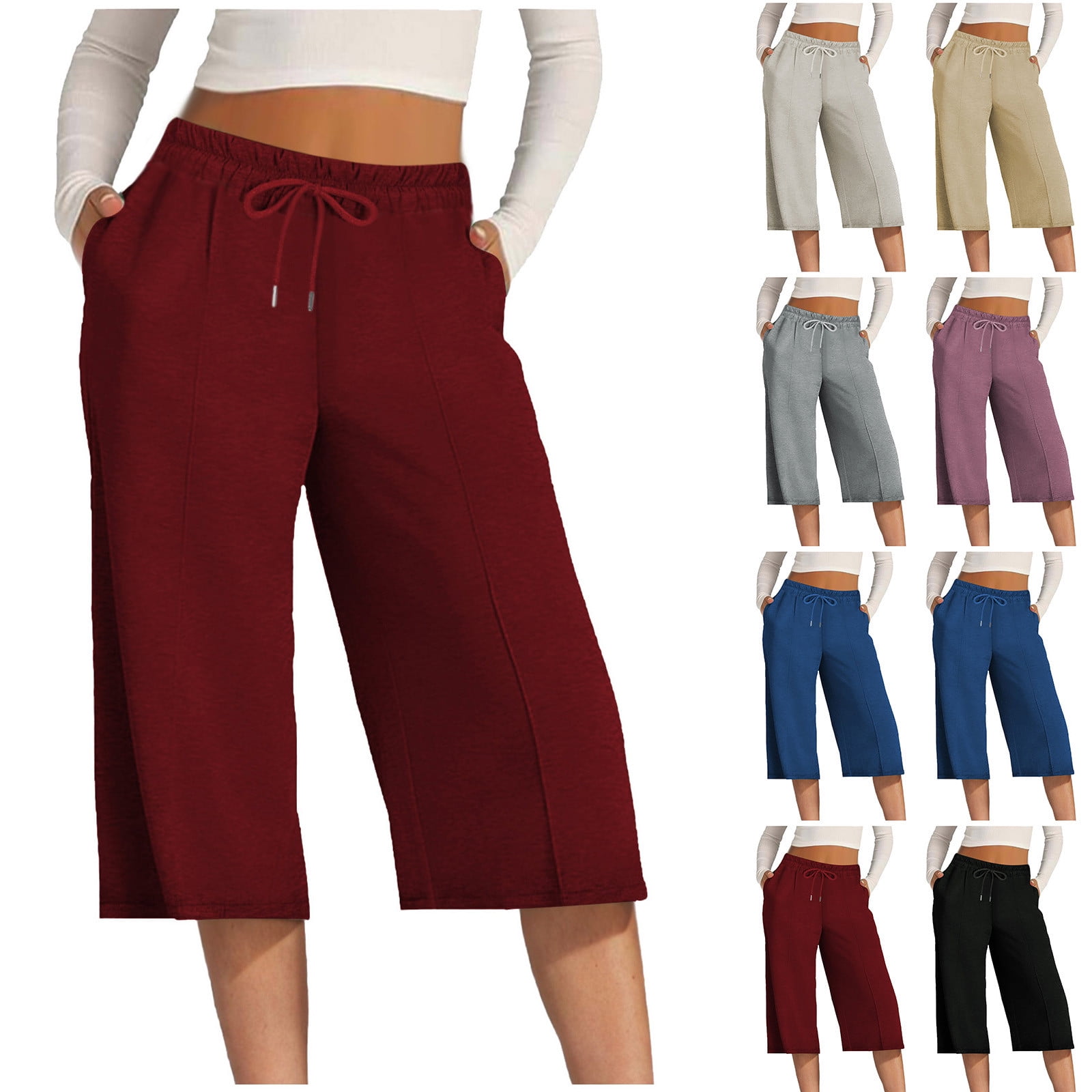Axiiglly Capri Pants for Women High Waisted Wide Leg Sweatpants Drawstring Loose Fit Cropped ...