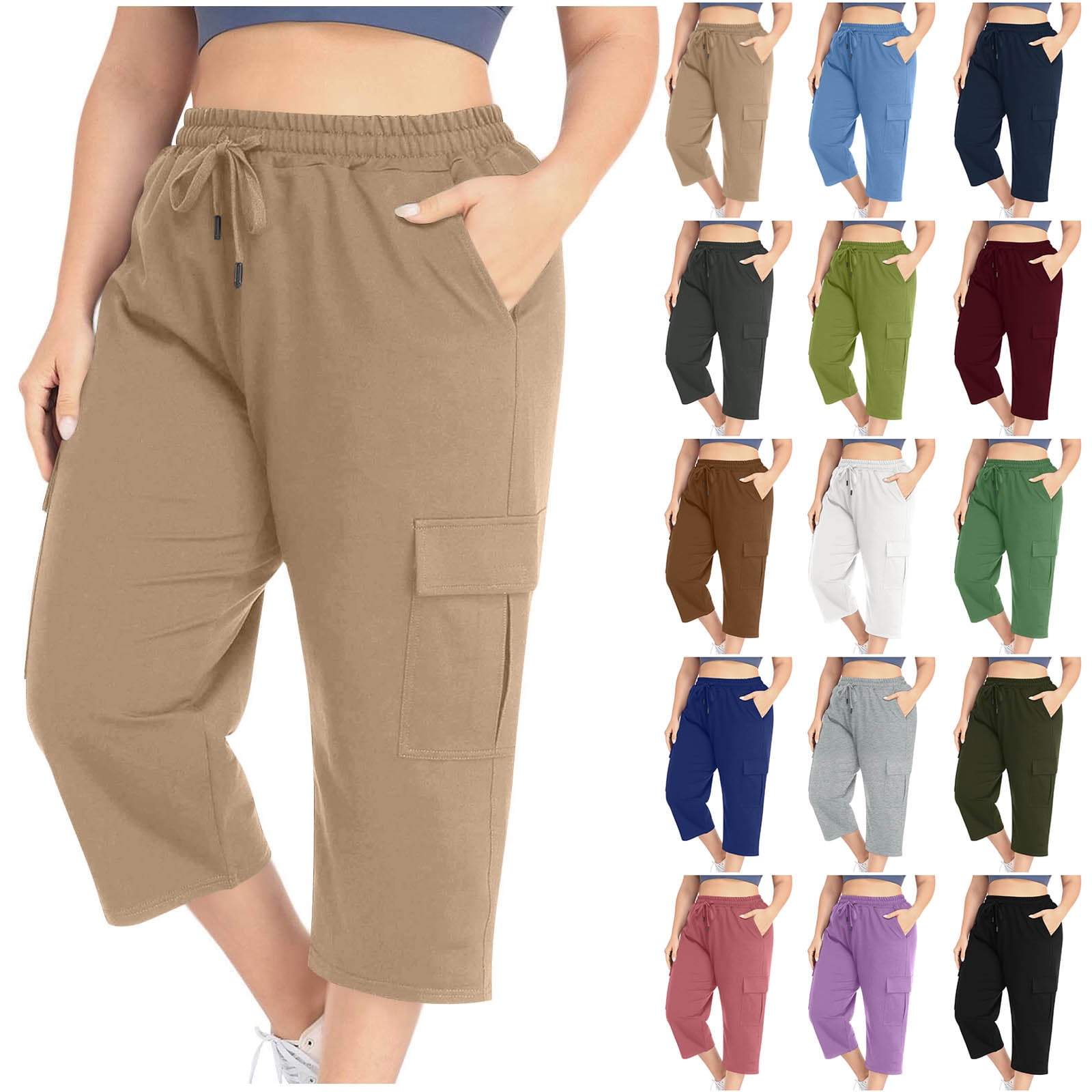 Axiiglly Capri Pants for Women Loose Fit Capri Cargo Pants Drawstring Straight Leg Crop Pants ...