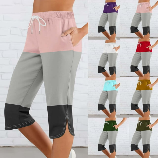 Axiiglly Capri Pants for Women Loose Fit Drawstrings Yoga Pants Color Block Cropped Workout ...