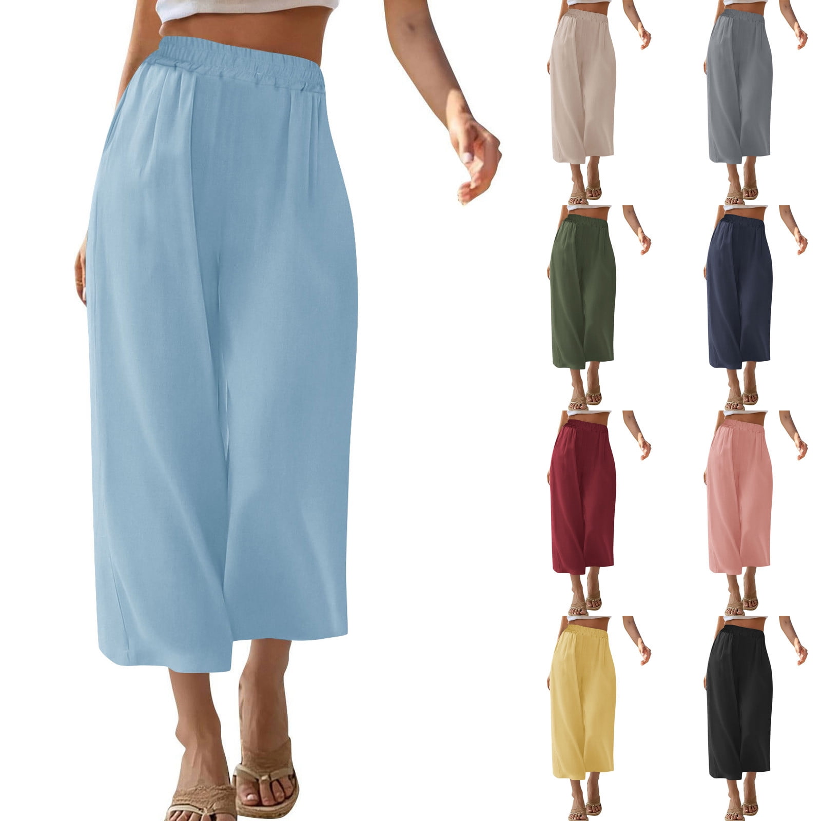 Axiiglly Capri Pants for Women Plus Size High Waisted Wide Leg Pants Pull On Loose Flowy Cropped ...