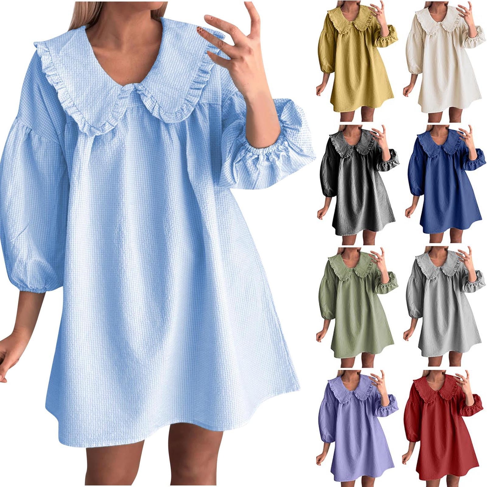 Axiiglly Casual Dresses for Women Cute Solid Color Mini Dress 3/4 Puff ...