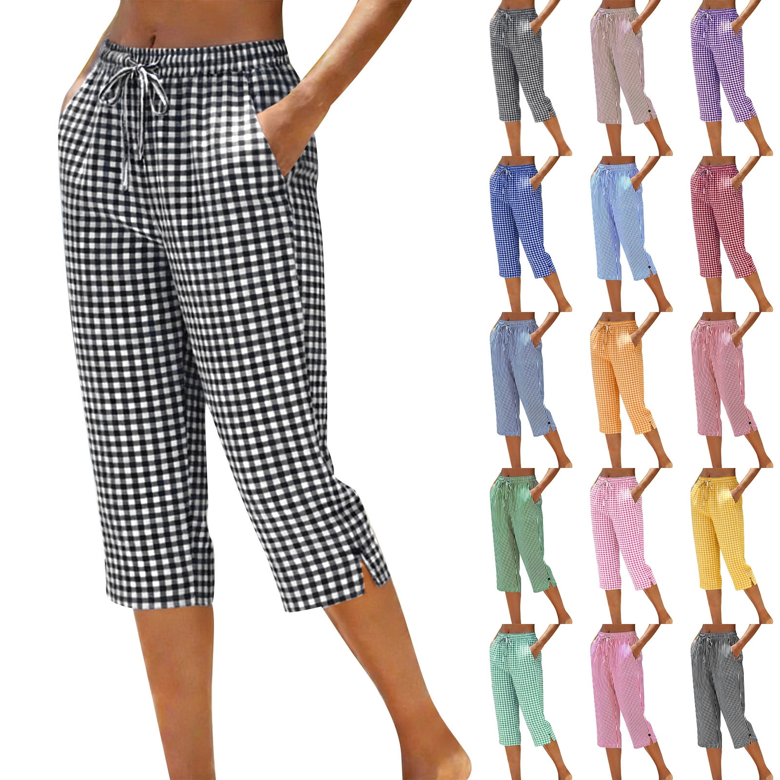 Axiiglly Cotton Capri Pants for Women Casual Loose Capri Leggings with ...