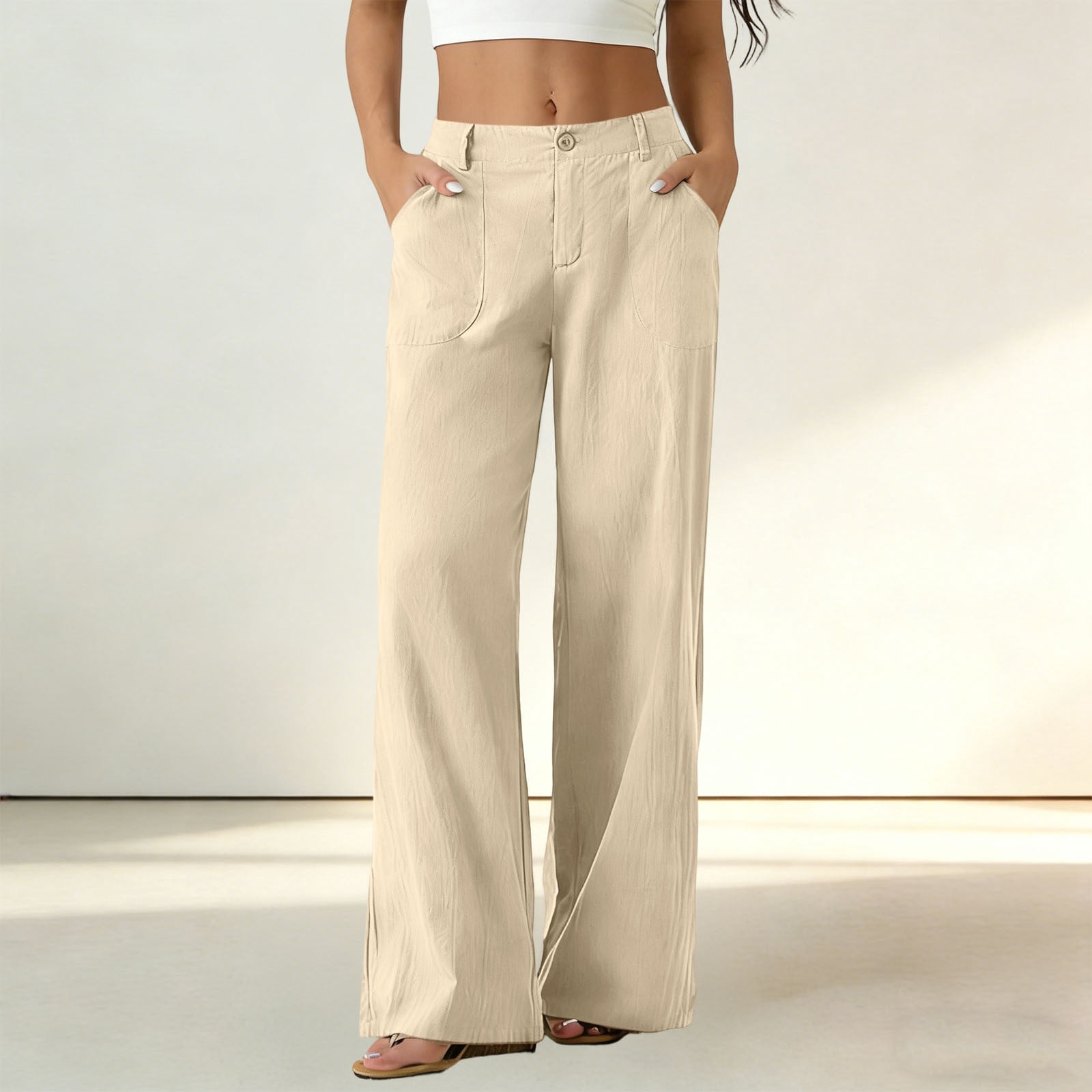 Axiiglly Cotton Linen Pants Women Wide Leg High Waisted Zipper Button ...