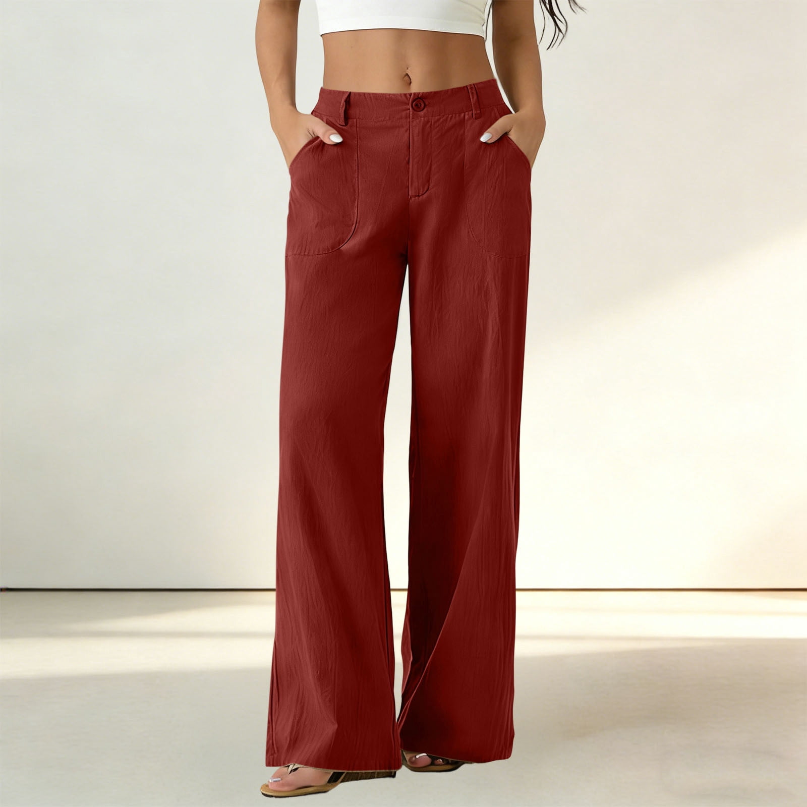 Axiiglly Cotton Linen Pants Women Wide Leg High Waisted Zipper Button ...