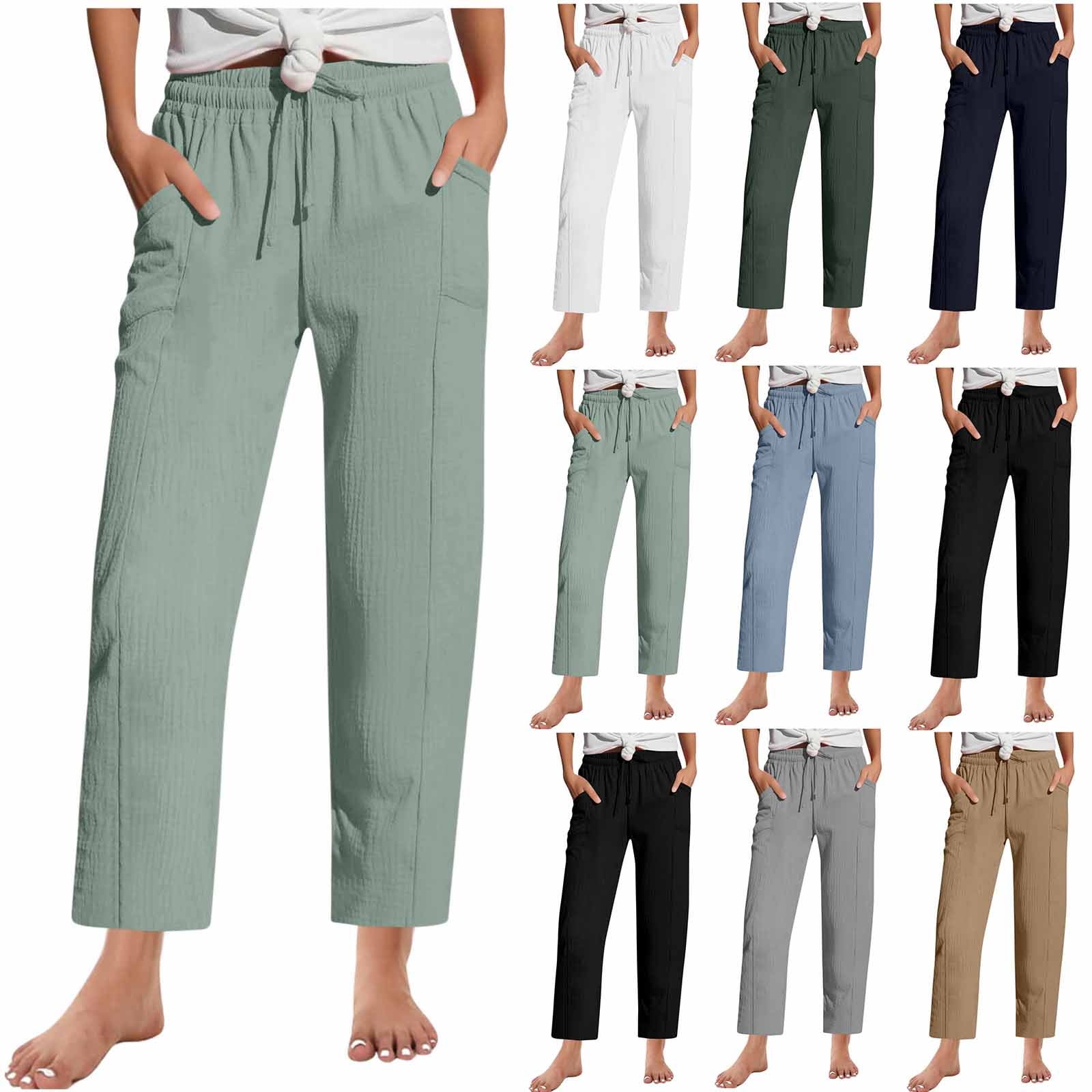 Axiiglly Cotton Pants for Women Elastic Waist Straight Leg Pants Solid ...