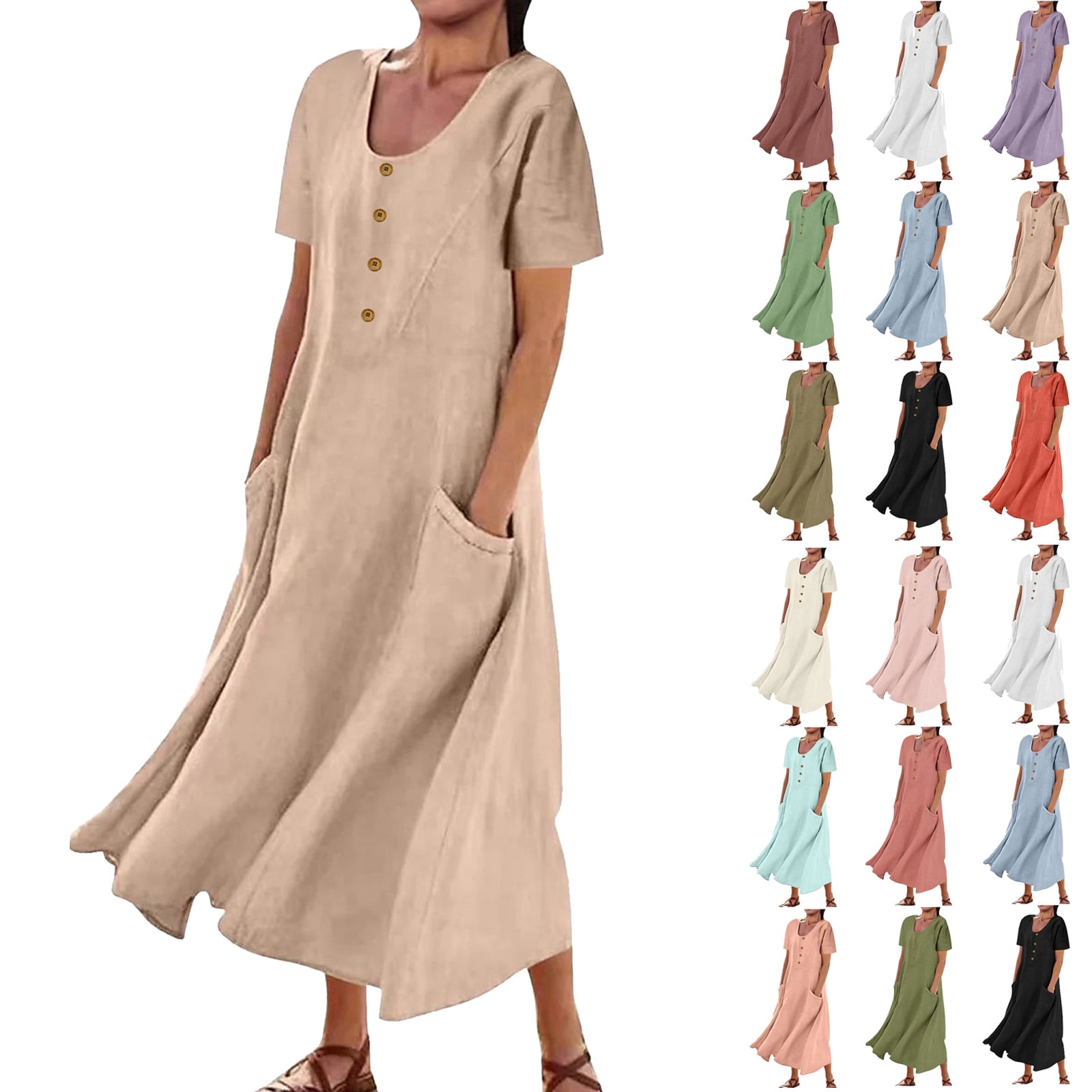 Axiiglly Dresses for Women Baggy Flowy Dresses Casual Cotton Linen Long ...
