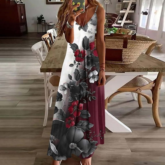 Axiiglly Dresses for Women Summer Floral V Neck Spaghetti Sleeveless ...
